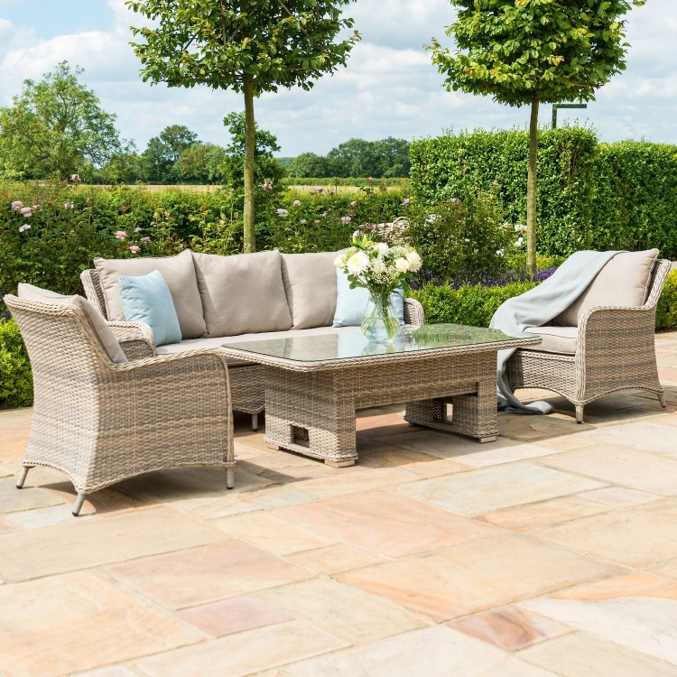 Maze Rattan Garden Furniture Cotswolds 3 Seat Sofa Dining with Rising Table Oak Furniture House